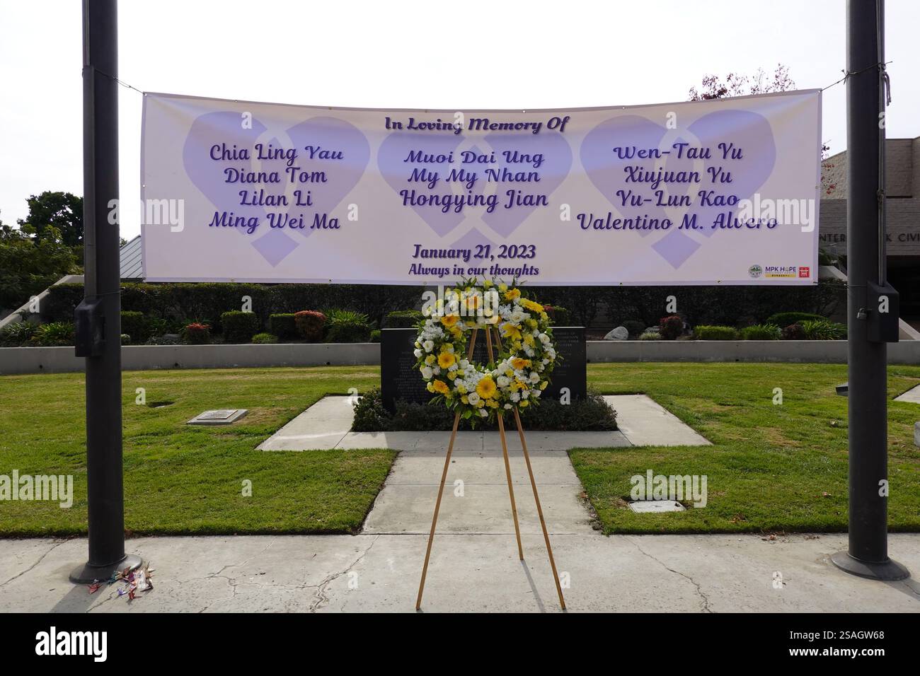 A banner recognizing the two-year anniversary of the mass shooting at ...