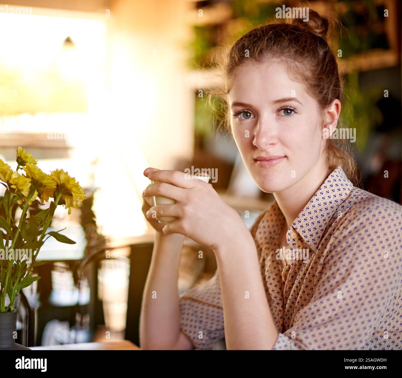 Portrait, relax and woman in cafe, coffee and latte with comfort ...
