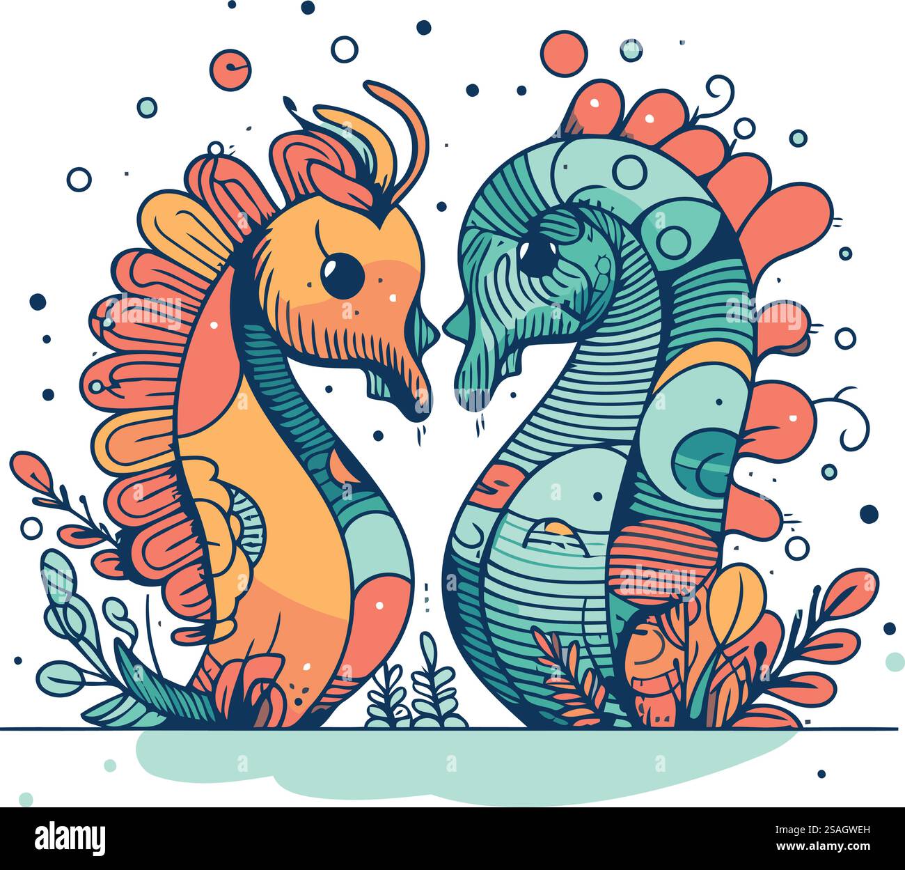 Hand drawn vector illustration of a pair of seahorses on the background ...