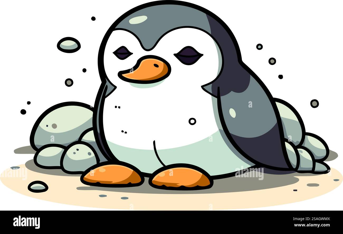 Cute penguin on the rock. Cartoon vector illustration of a penguin ...