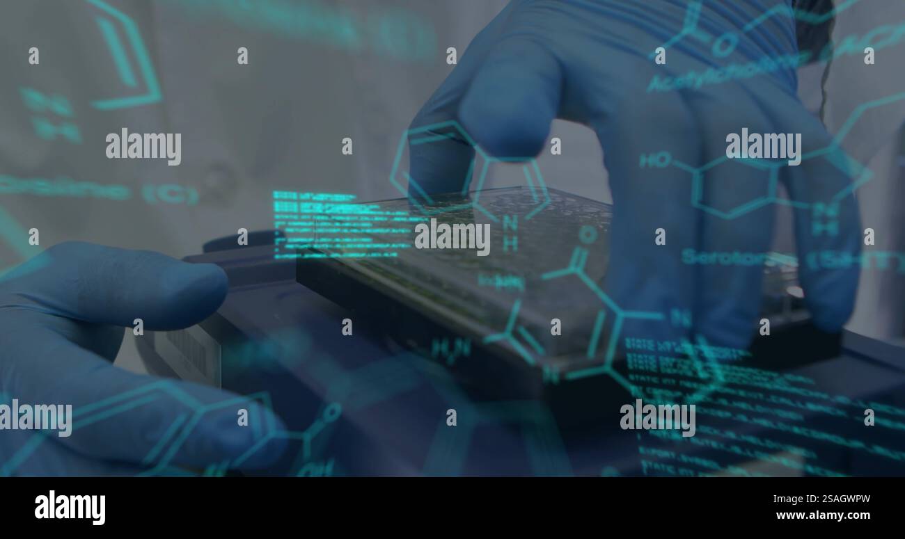 Image of scientific data processing over hands of scientist in ...