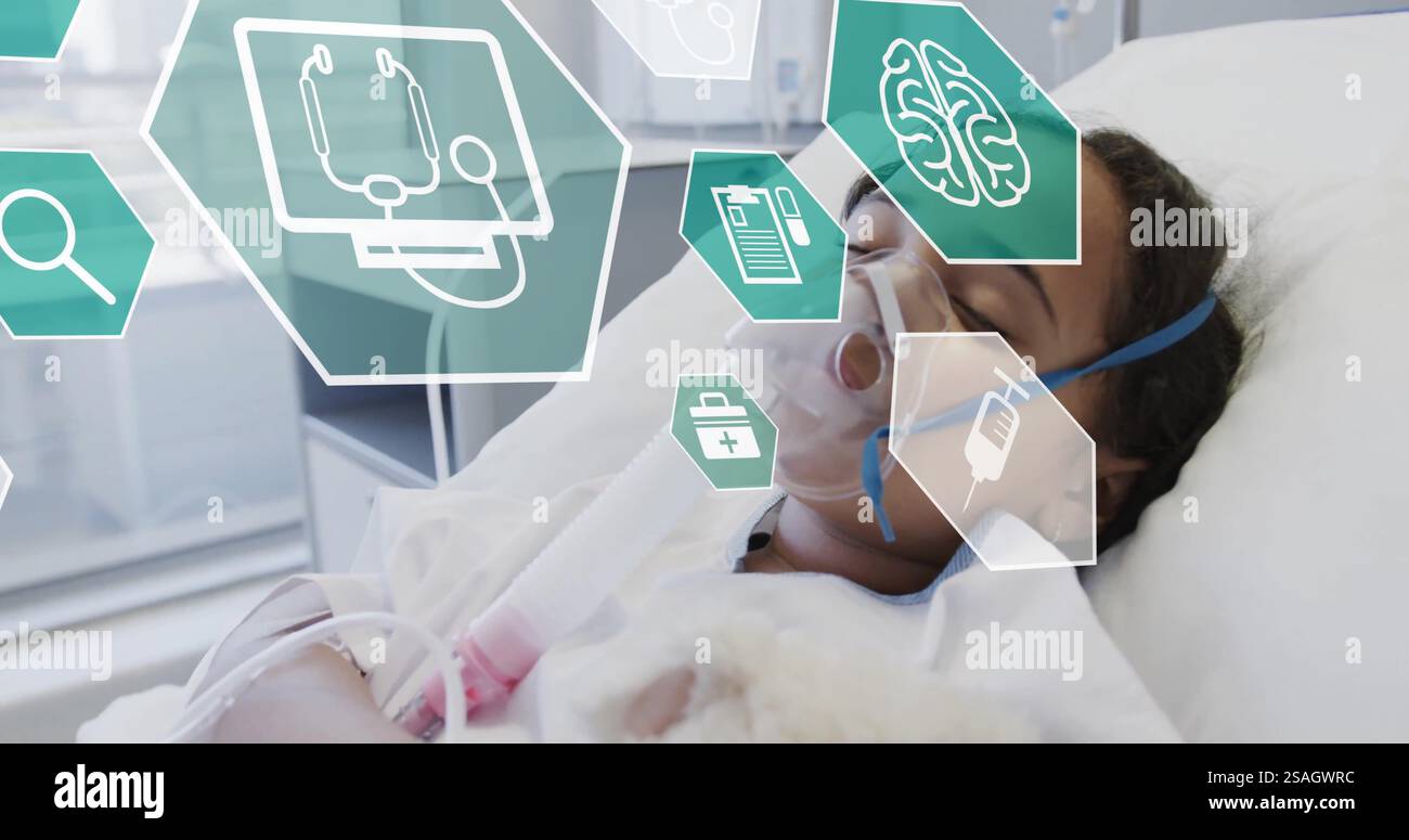 Image of medical icons over biracial girl wearing oxygen mask in ...