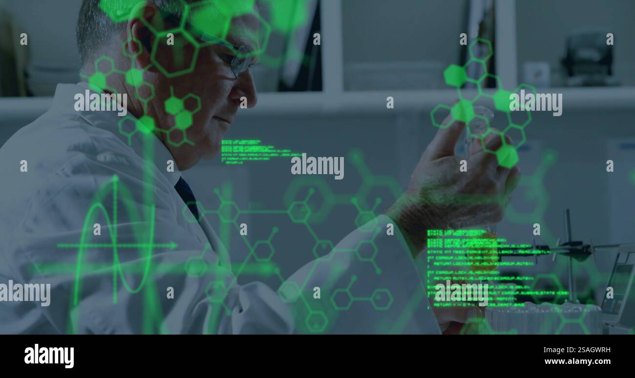 Image of scientific data processing over caucasian male scientist in ...