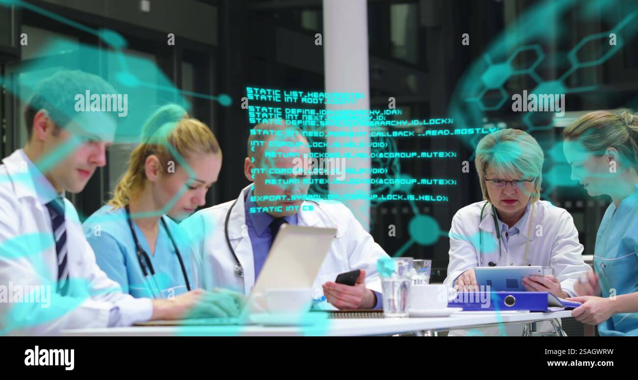 Image of data processing and chemical formula over caucasian doctors at ...