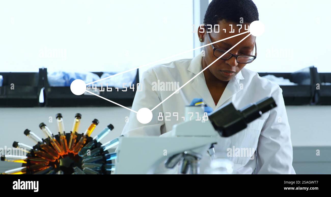 Image of data processing and shapes over biracial female scientist ...