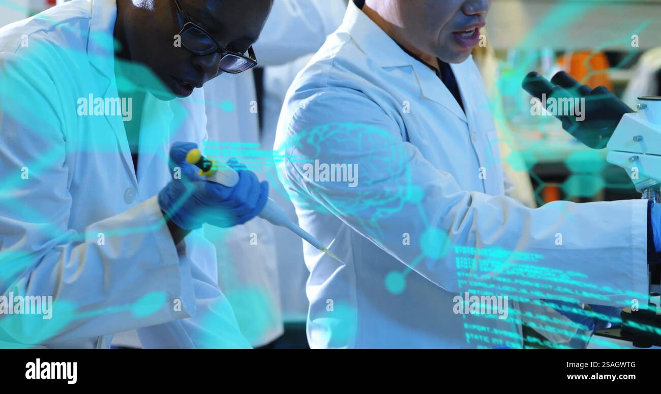 Image of data processing and chemical formula over diverse scientists ...