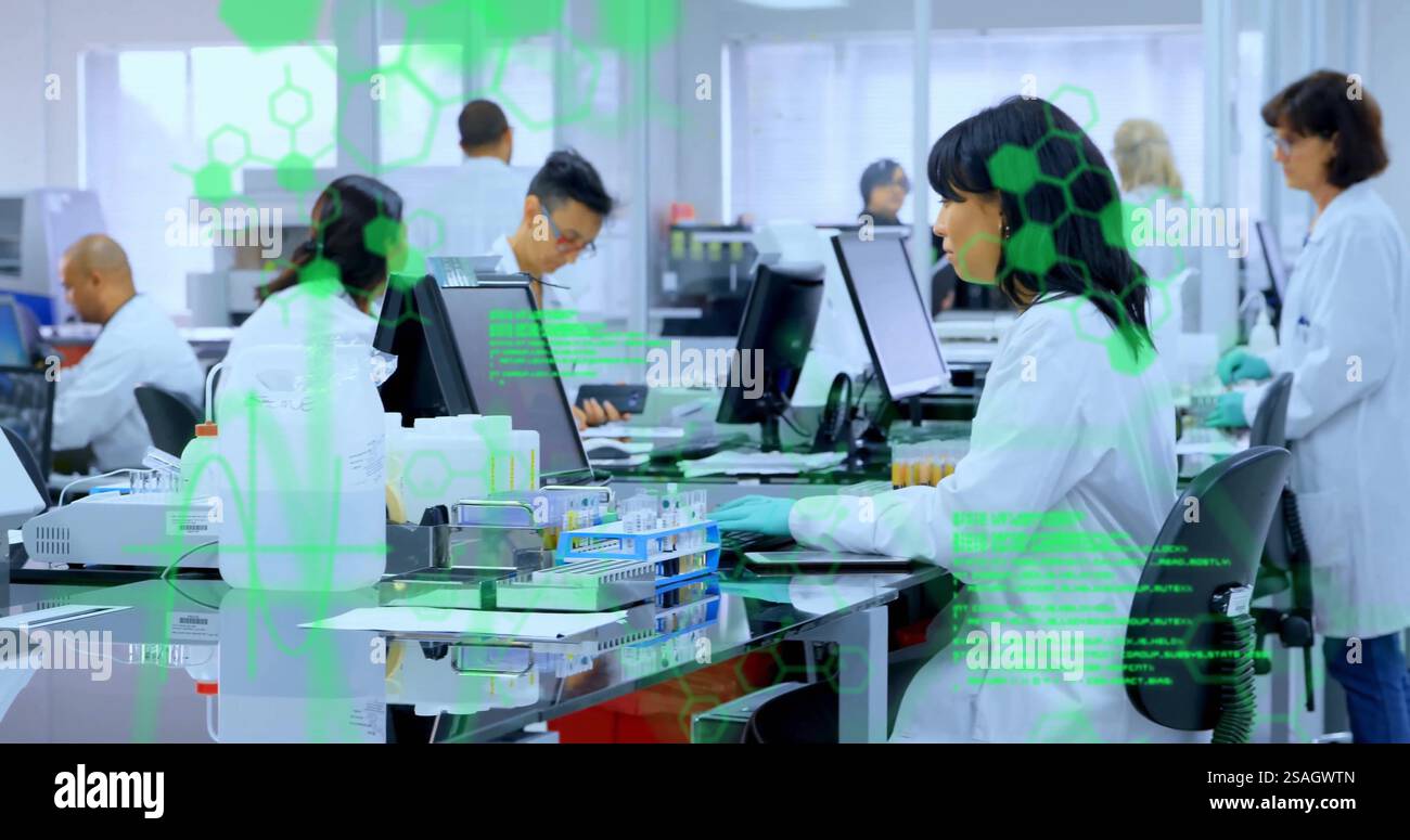 Image of data processing and chemical formula over diverse scientists ...