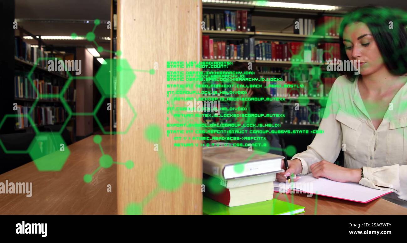 Image of data processing and chemical formula over caucasian female ...