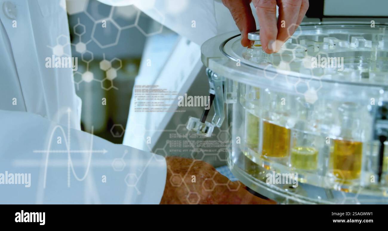 Image of data processing and chemical formula over caucasian scientist doing experiment in lab ...