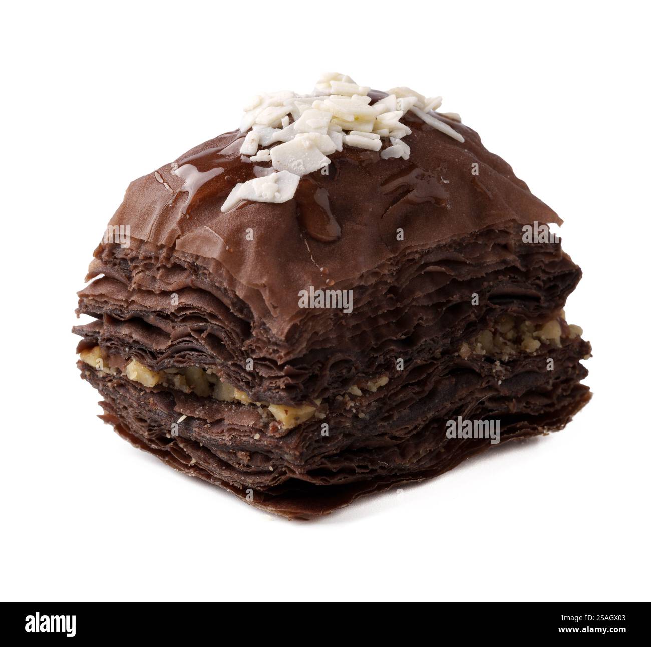 Delicious chocolate layered dessert with coconut flakes served on a ...