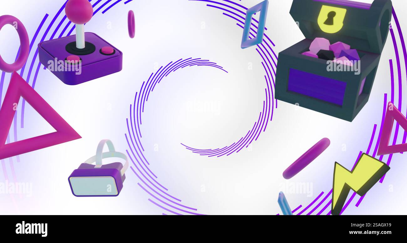 Image of game controllers, equipment and icons over purple spiral lines ...