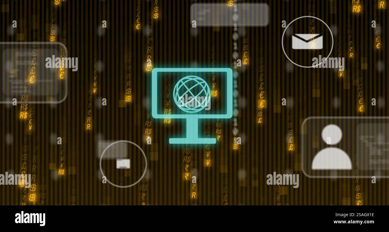 Image of media icons and globe over binary coding Stock Photo - Alamy