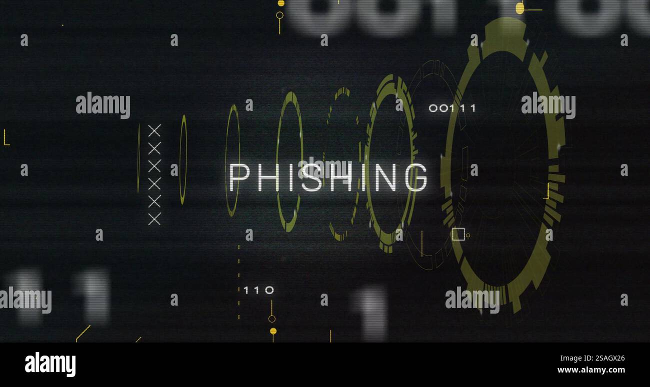 Image of phishing text and digital data processing over black ...