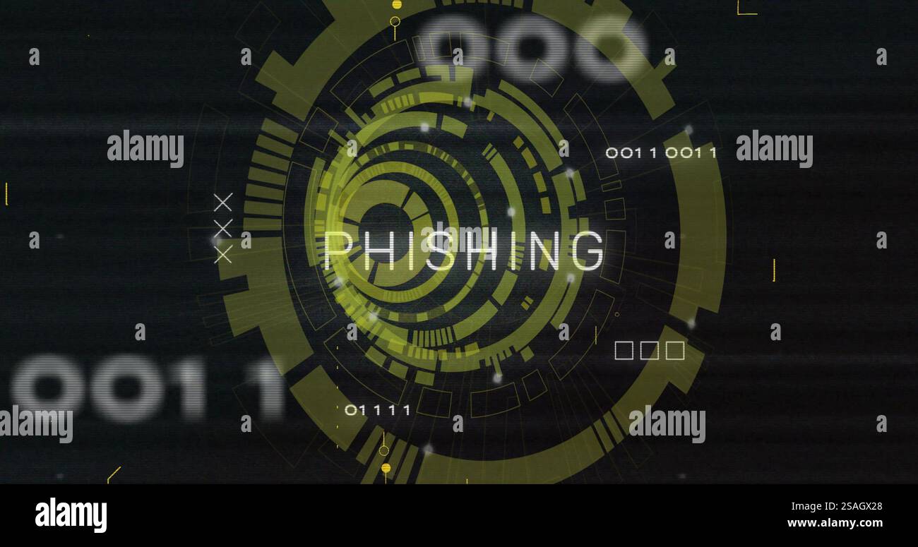 Image of phishing text and digital data processing over black ...