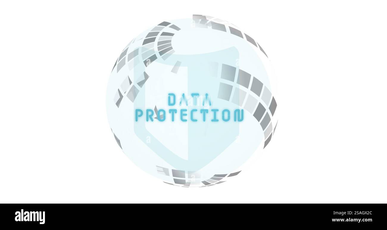 Image of data protection text over mirror ball processing on white ...