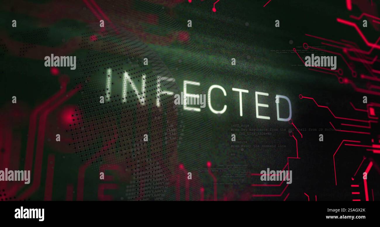 Image of infected text and digital data processing over black background Stock Photo - Alamy