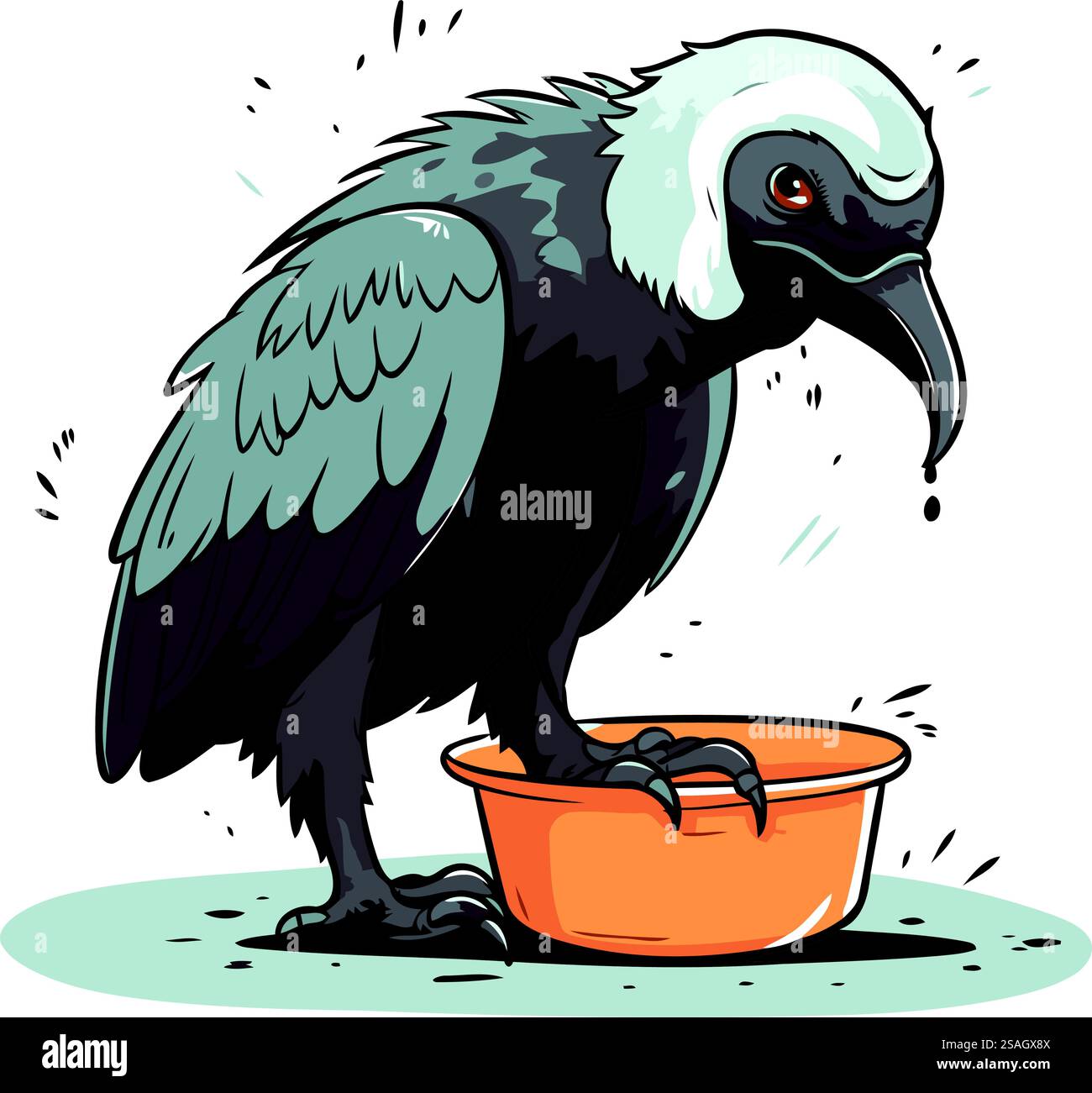 Vector illustration of a vulture eating food from an empty bowl Stock ...