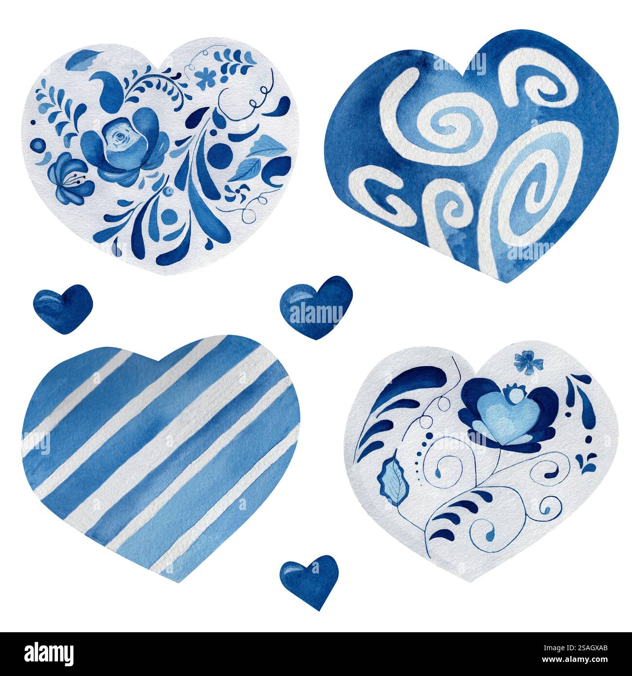 Set of different watercolor hearts. In blue shades. Elements are ...