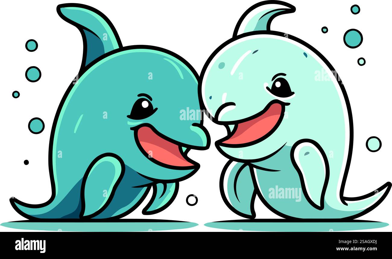 Vector illustration of two cute cartoon whales. Cute marine animals ...