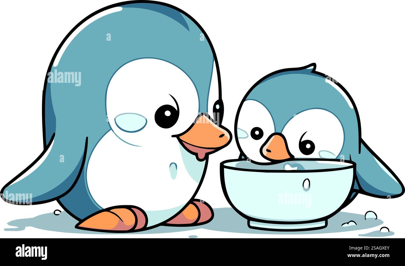 Cute penguin and penguin eating from bowl vector illustration Stock ...