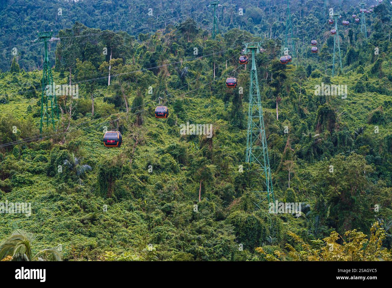 A cable car moving to the top of the mountain at Ba Na Hills. Da Nang ...
