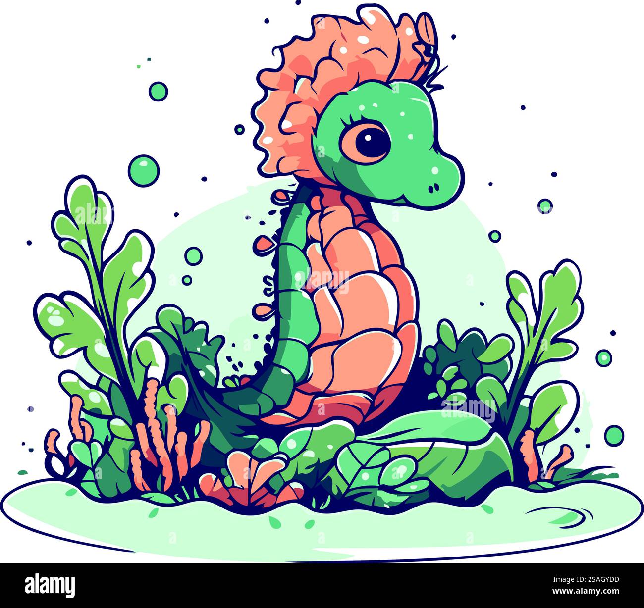 Cute cartoon seahorse in the seaweed. Vector illustration Stock Vector ...