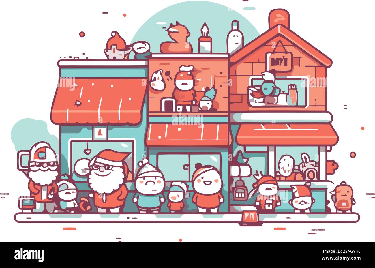 Santa Claus and his family in front of the house. Vector illustration ...