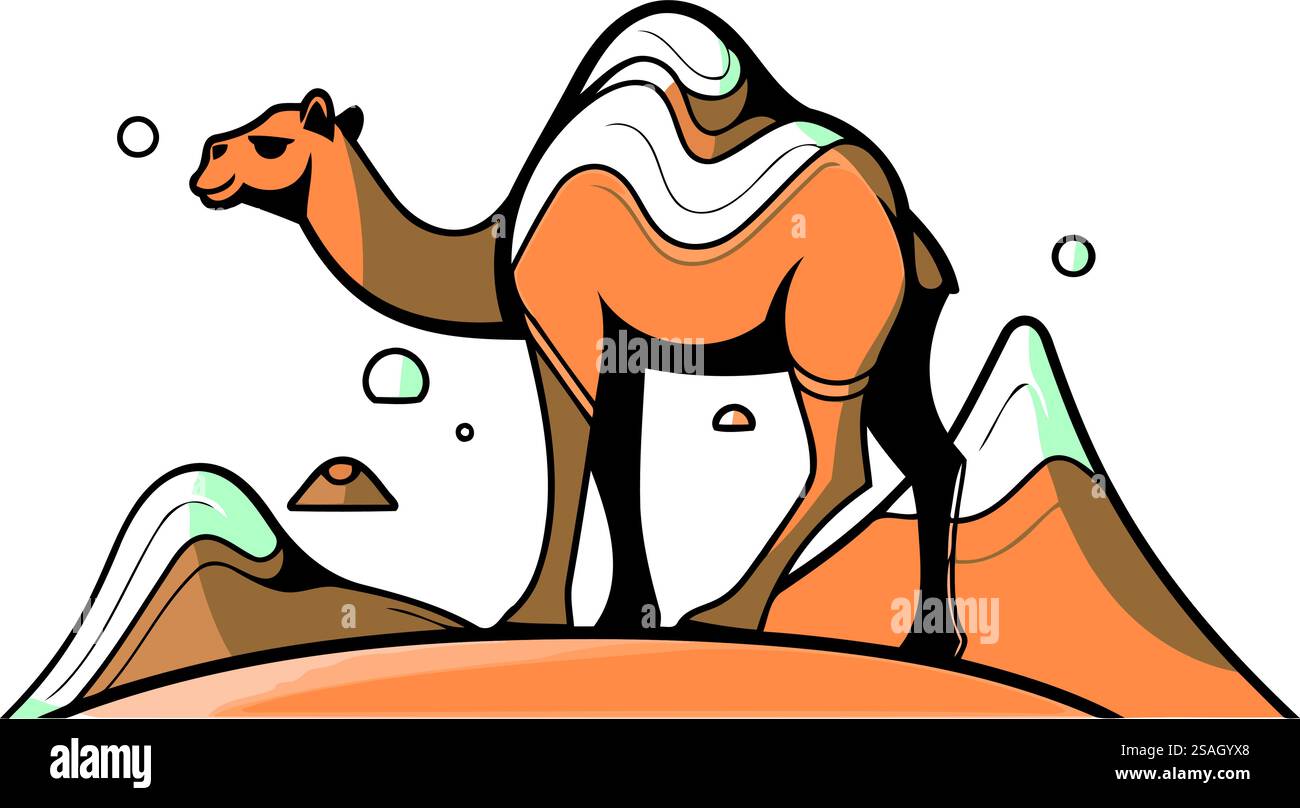 Camel on the mountain. Vector illustration of a cartoon style Stock ...