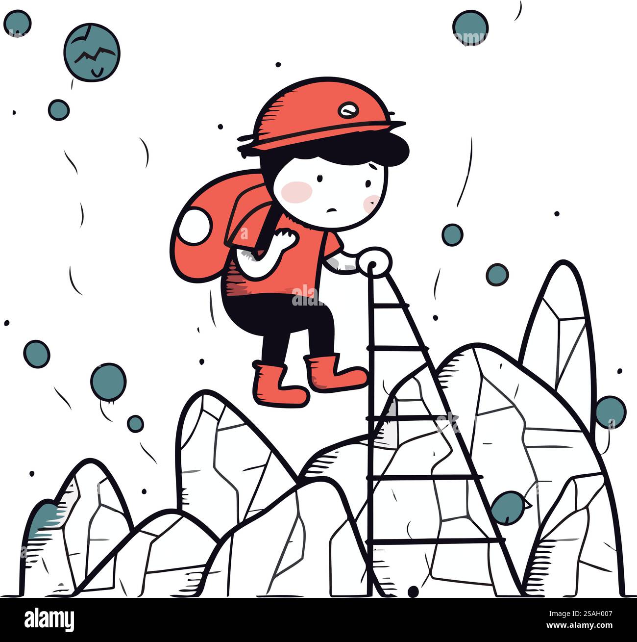 Cartoon vector illustration of a boy climbing the top of the mountain ...