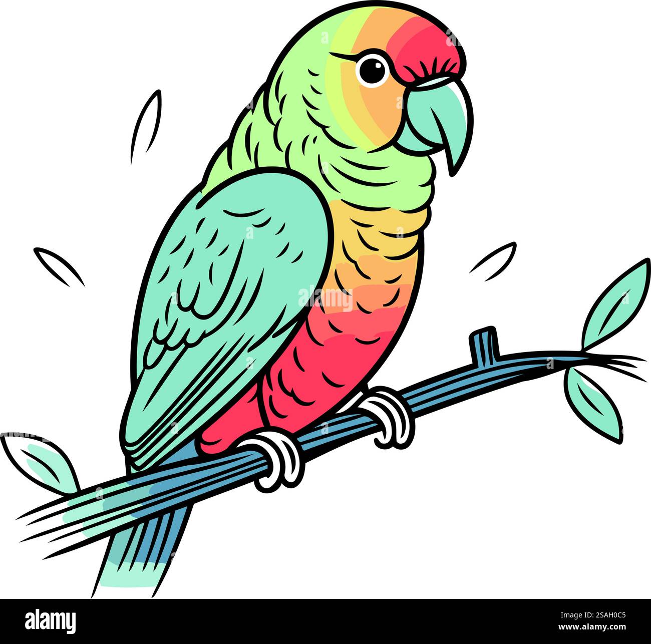 Colorful parrot sitting on a branch. Hand drawn vector illustration ...