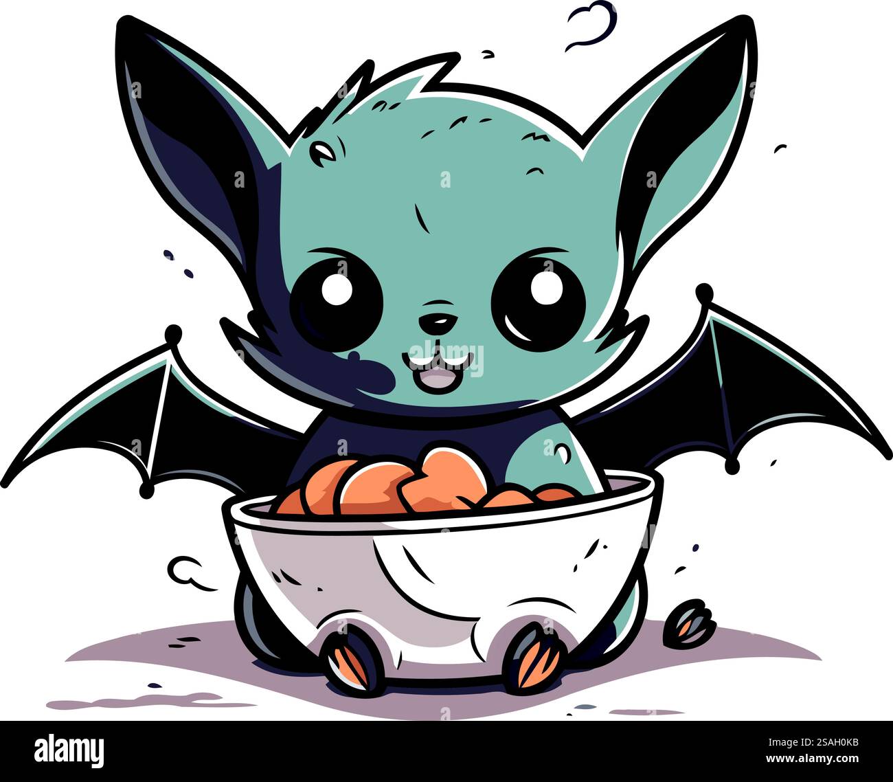 Cute cartoon bat holding a bowl of food. Vector illustration Stock ...