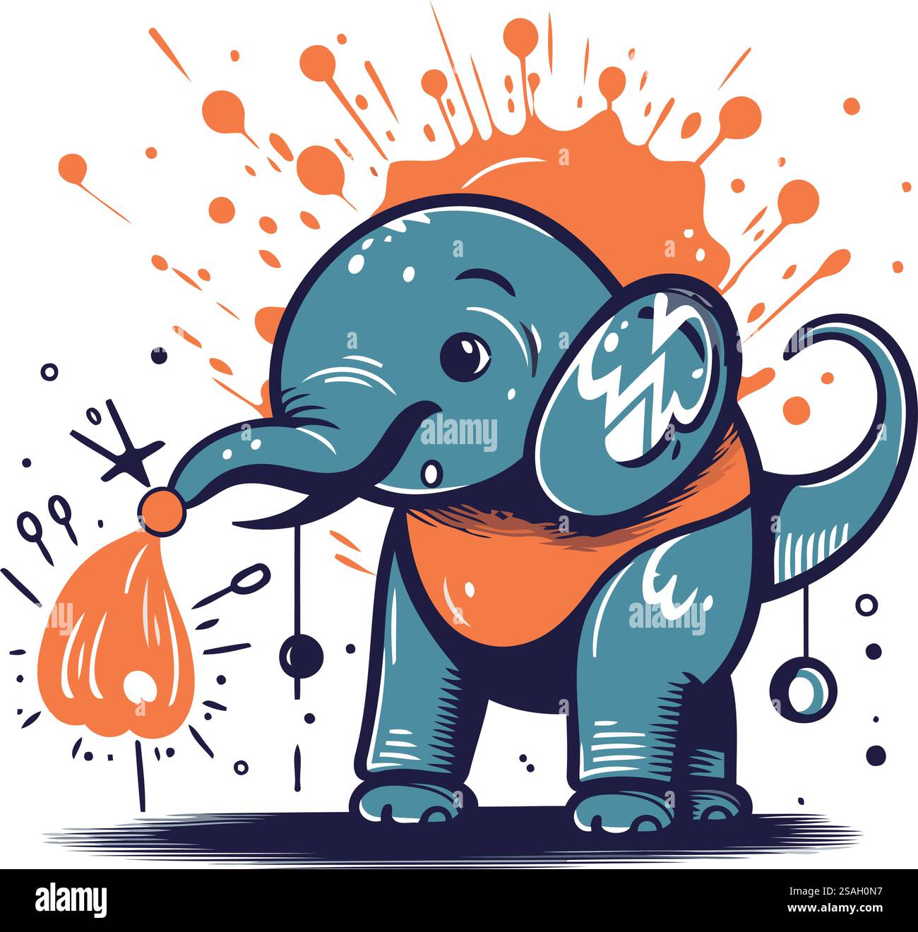 Vector illustration of cute cartoon elephant with earphones. Hand drawn ...