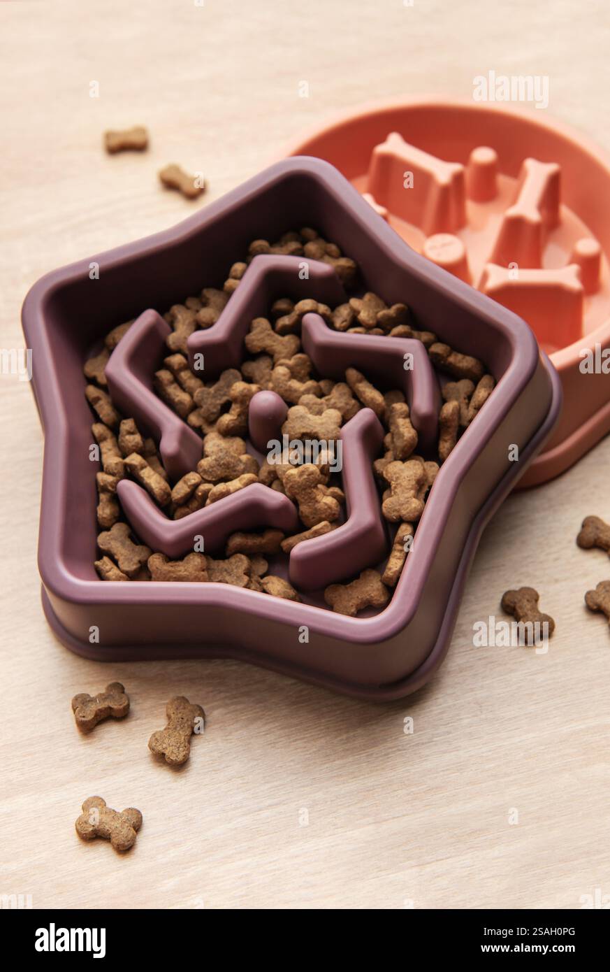 Star shaped slow feeder bowl filled with kibble on wooden surface Stock ...