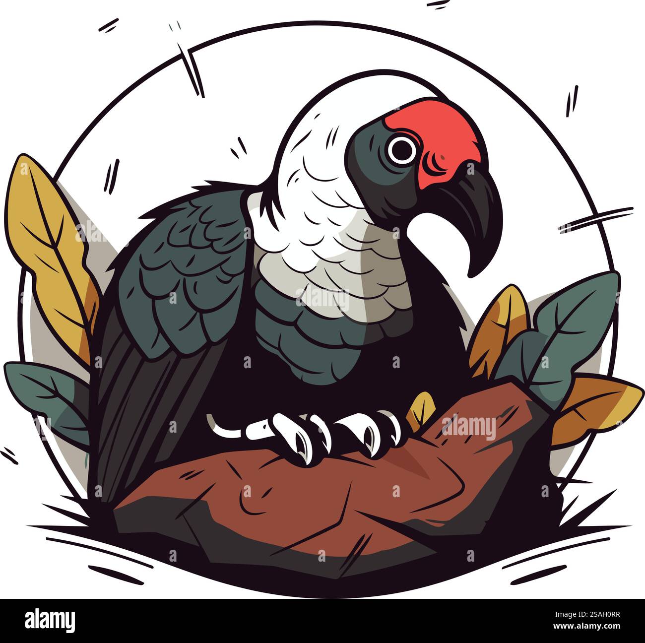 Vector illustration of a parrot sitting on a rock and eating Stock ...