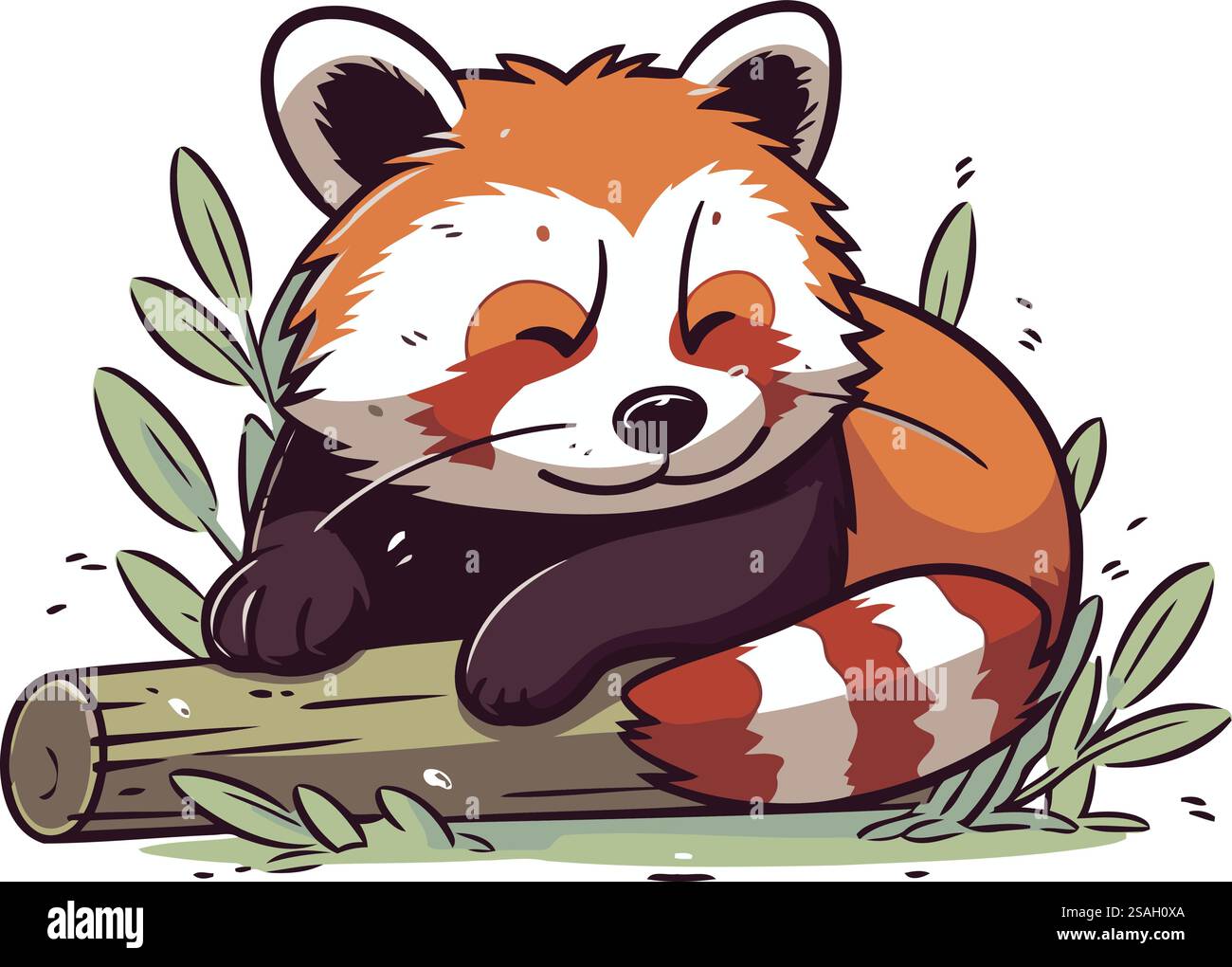 Cute cartoon red panda lying on a log. Vector illustration Stock Vector ...