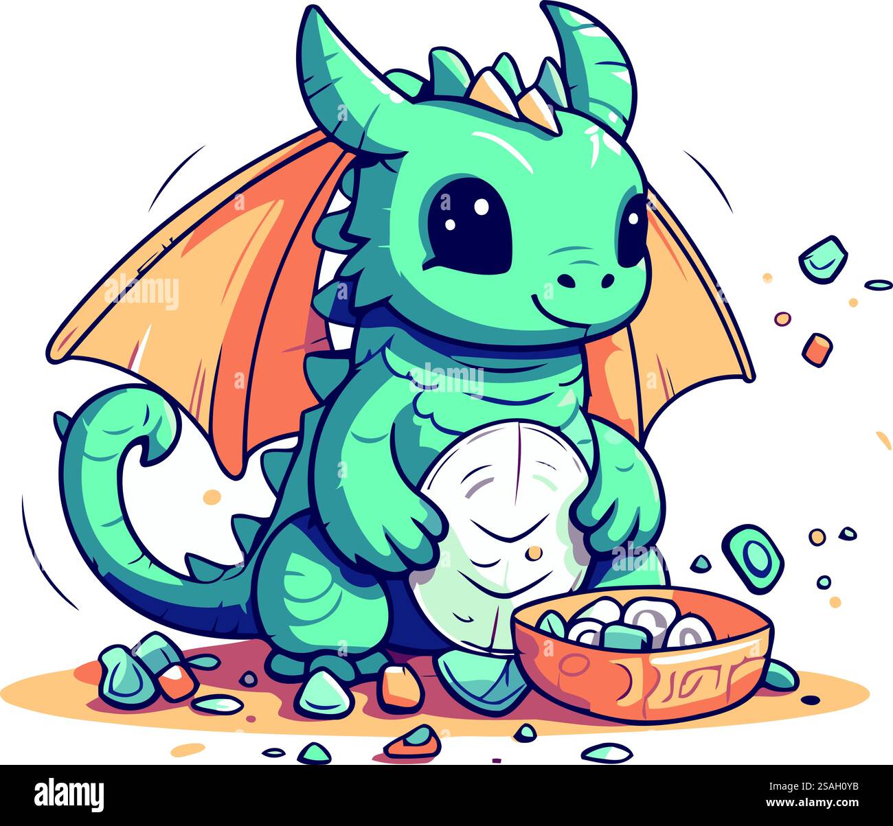 Funny cartoon dragon with a bowl of food. Vector illustration Stock ...