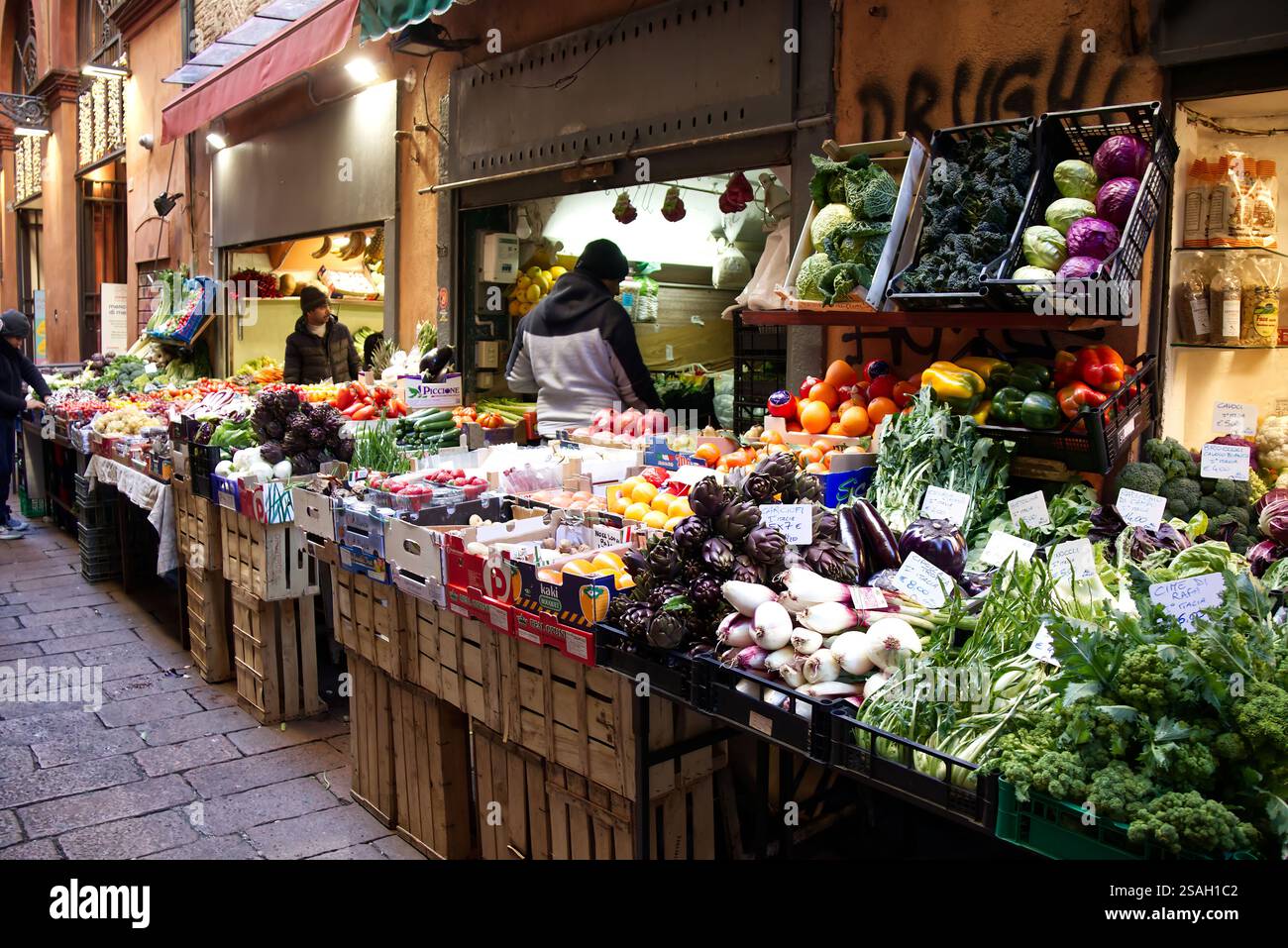 Street market "Il Quadrilatero" located in the center of Bologna. Italy ...