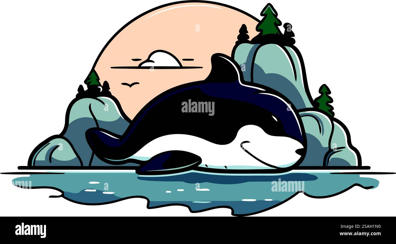 Cartoon killer whale in the sea. Vector illustration on white ...