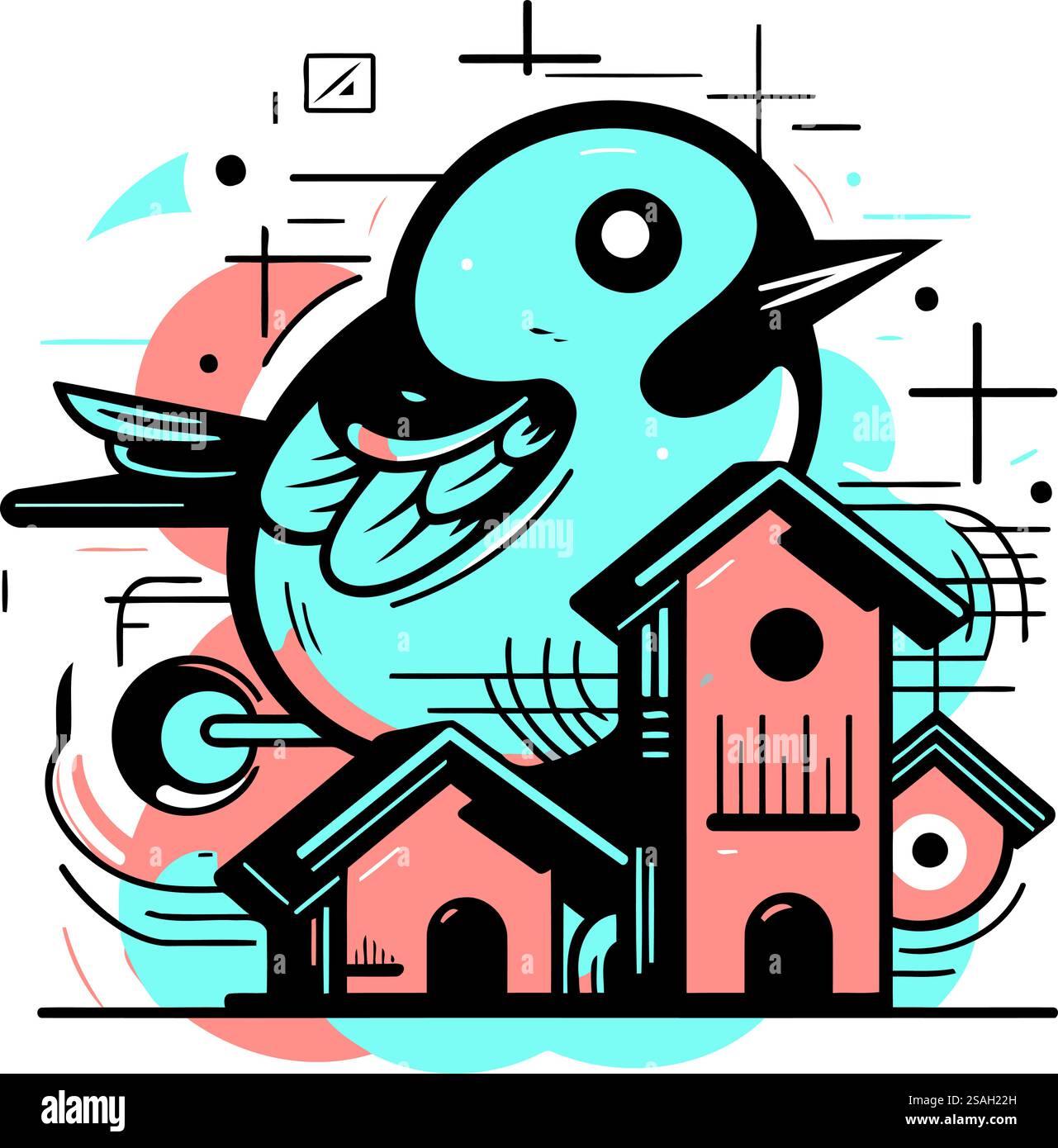 Cute cartoon bird sitting on a birdhouse. Vector illustration Stock ...