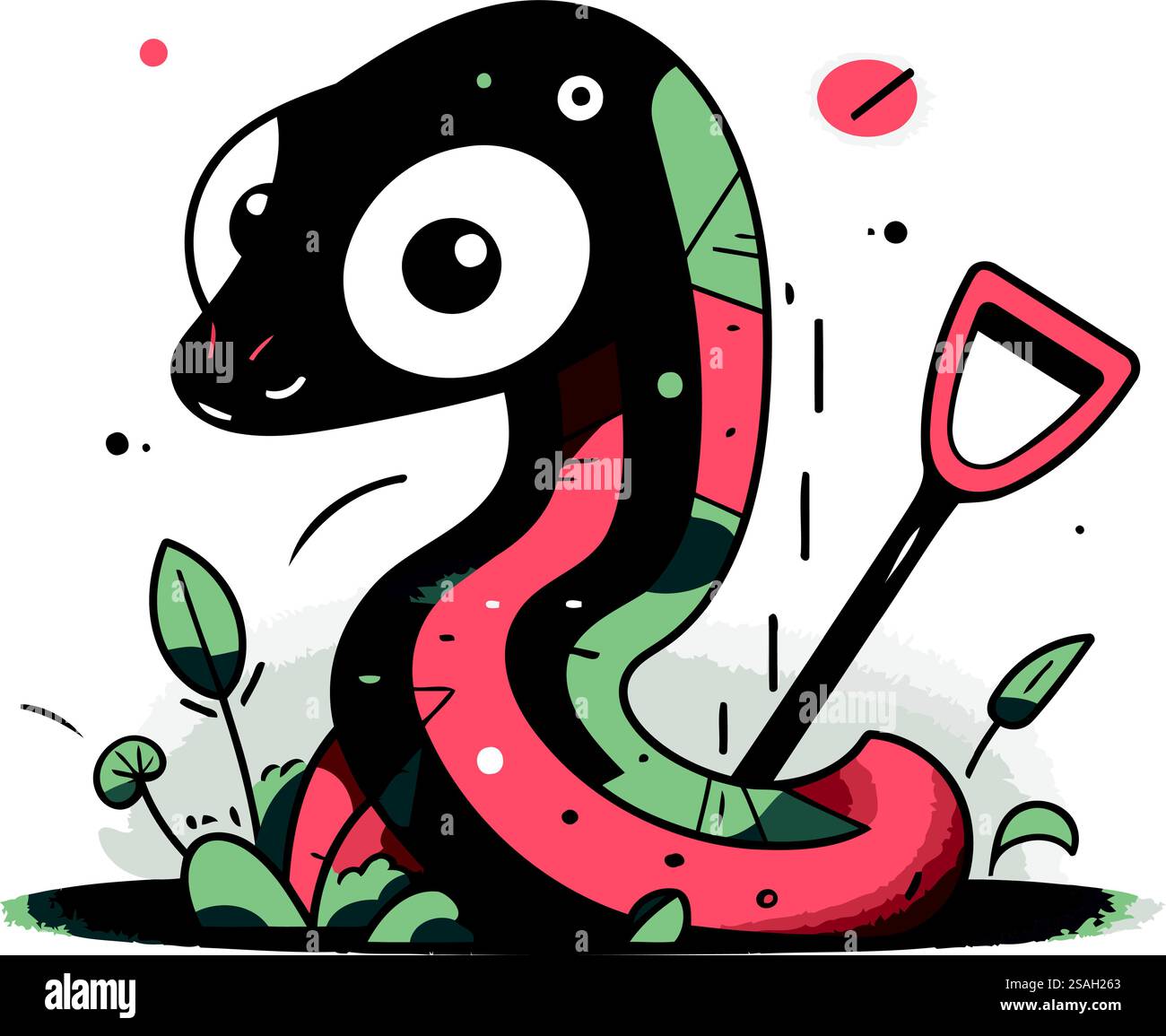 Cute snake with shovel. Vector illustration in cartoon comic style ...