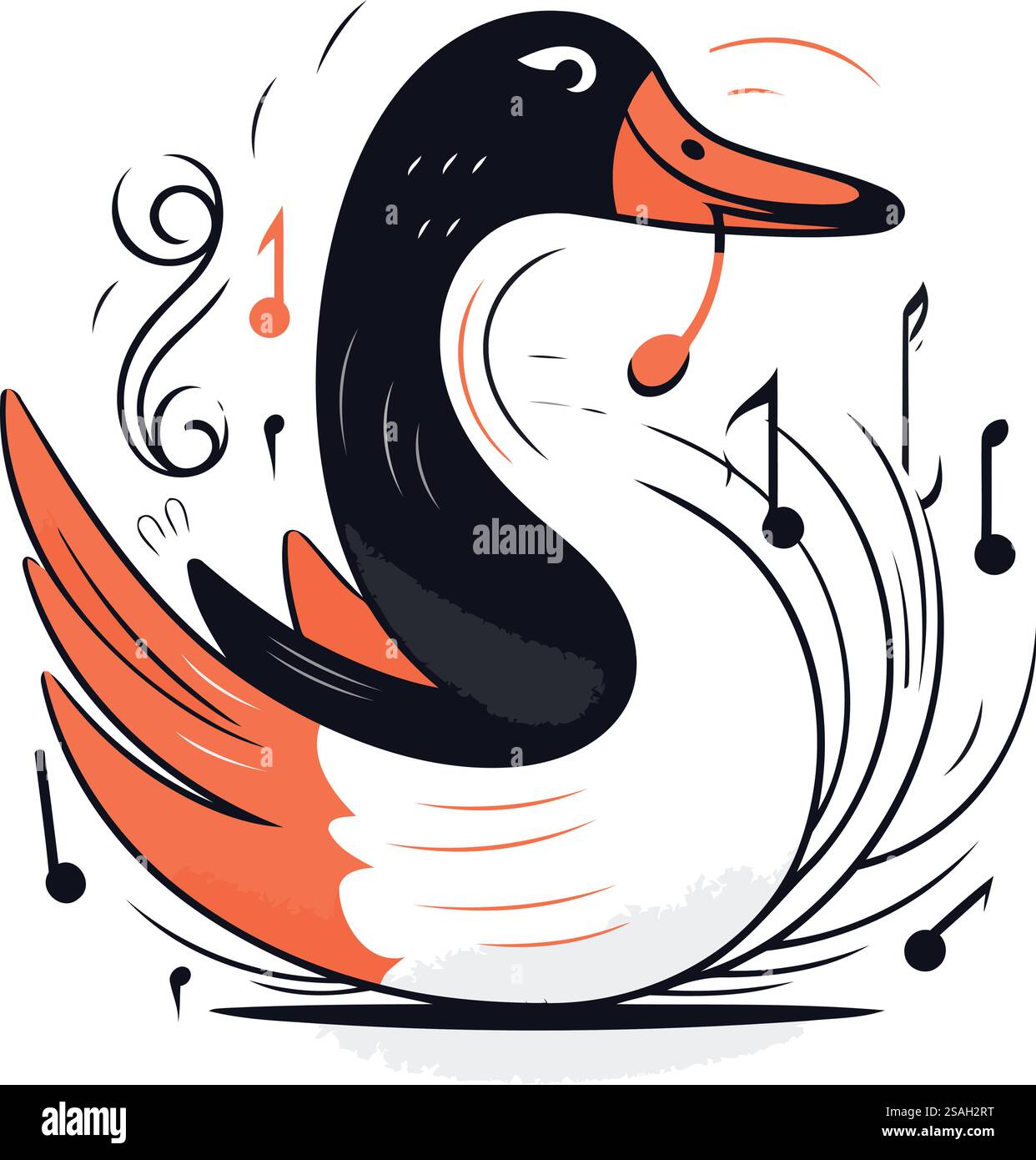 Vector illustration of a swan with musical notes on white background ...