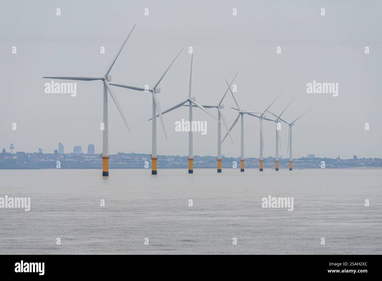 Wind turbines in the Irish Sea near Crosby, Merseyside, England, UK ...