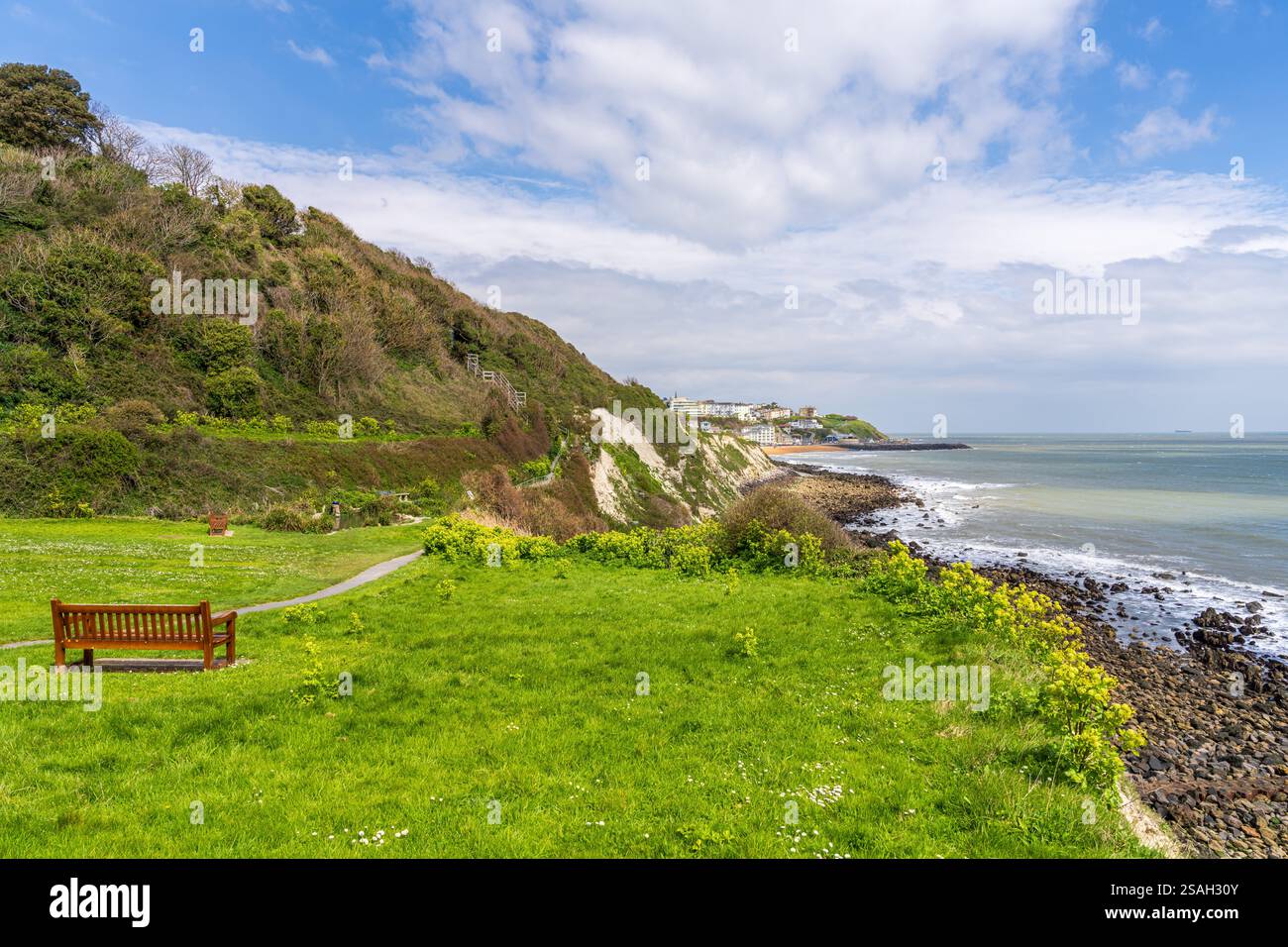 A bench near Castle Cove overlooking Ventnor Bay on the Isle of Wight ...