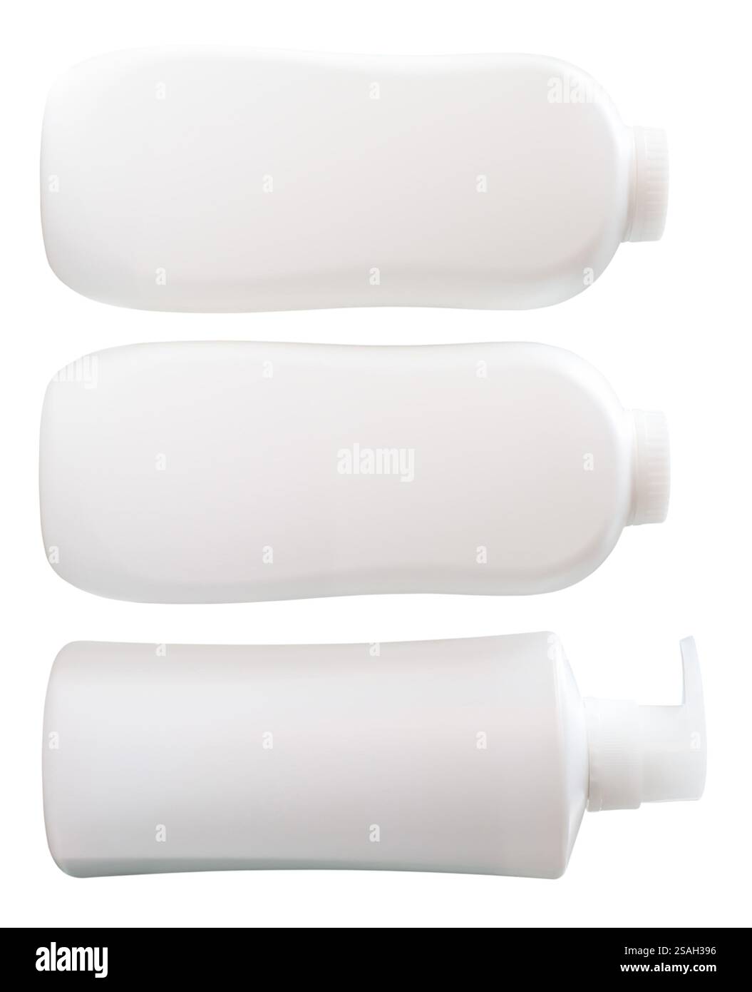 Set of three white shampoo or hair conditioner and powder bottle or ...