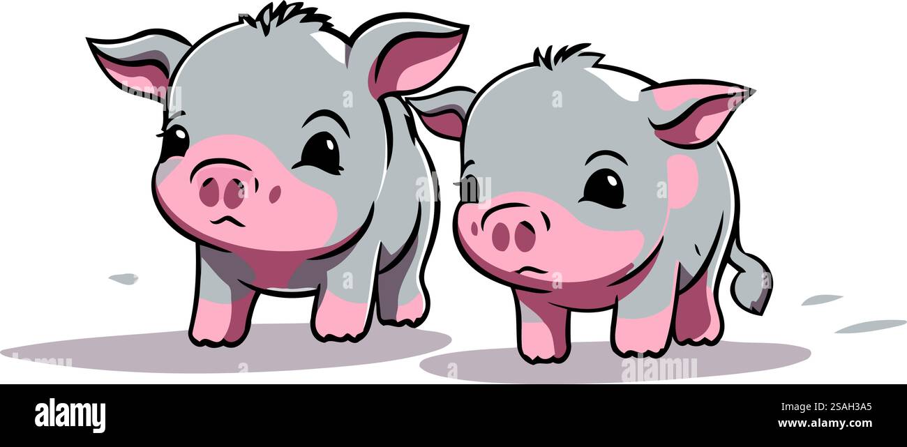 Vector illustration of two cute little pigs standing side by side ...