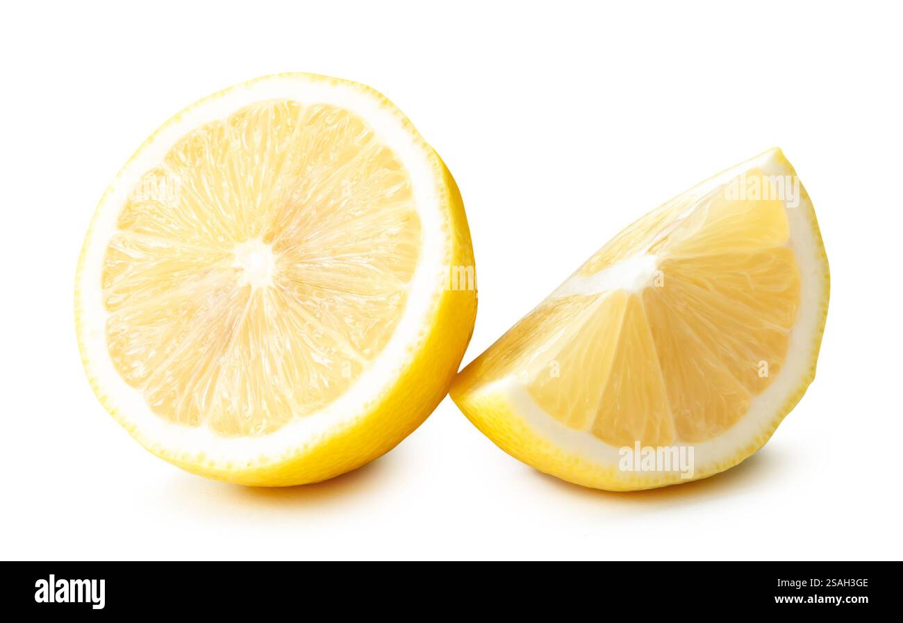 Yellow lemon half with quarter or piece in stack is isolated on white ...