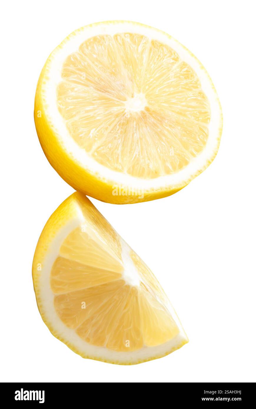 Yellow lemon half with quarter or piece in stack is isolated on white ...