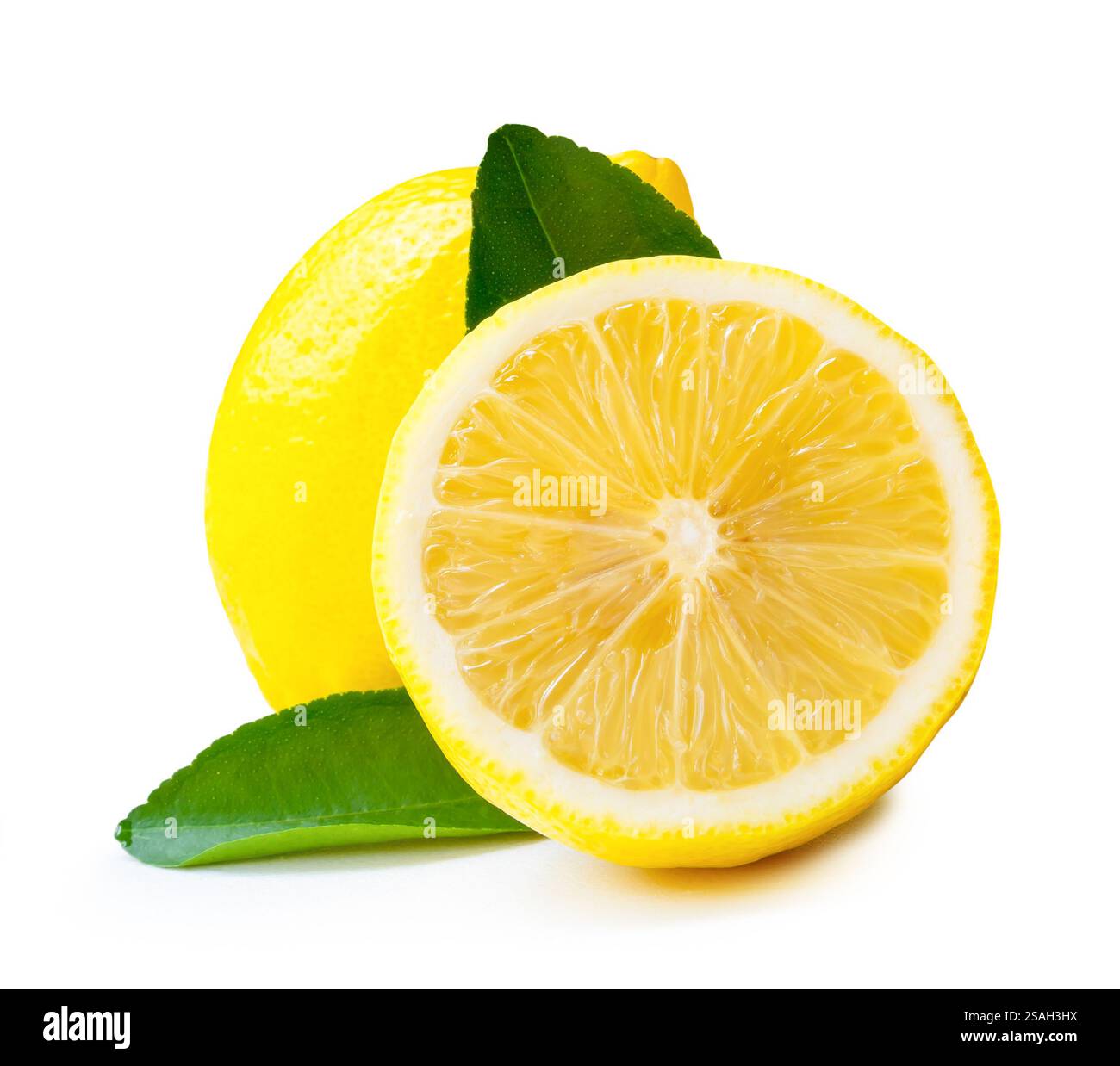 Front view of yellow lemon fruit with half and green leaves is isolated ...