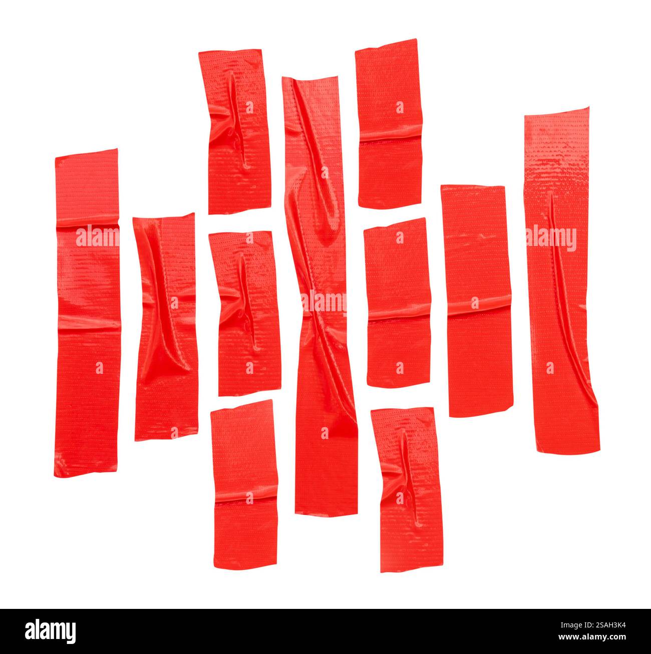 Top view set of red cloth tape or adhesive vinyl tape in stripes is ...