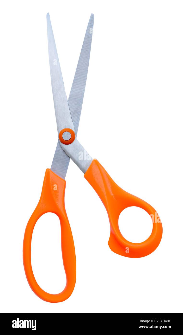 Medium open multipurpose scissors with orange handle in vertical is ...